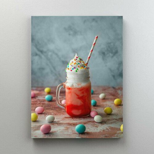 Интерьерная картина на холсте "Молочный коктейль с клубникой" для кухни, кафе и ресторанов, размер 45x60 см