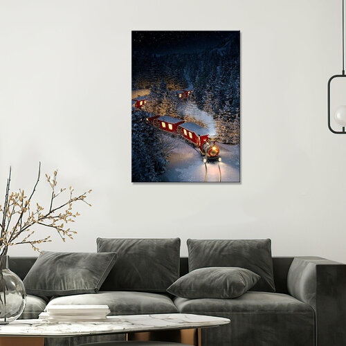 Интерьерная картина на холсте - Новогодний поезд выпускающий пар 50х70