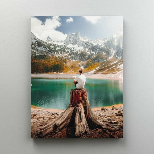 Интерьерная картина на холсте "Путешественник у берега бирюзового озера" размер 22x30 см
