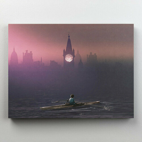 Интерьерная картина на холсте "Мальчик плывет в каное на озере" размер 60x45 см