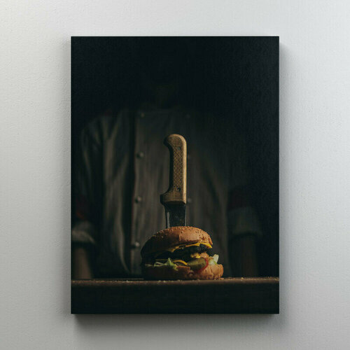 Интерьерная картина на холсте "Бургер от шефа" для кухни, кафе и ресторанов, размер 22x30 см