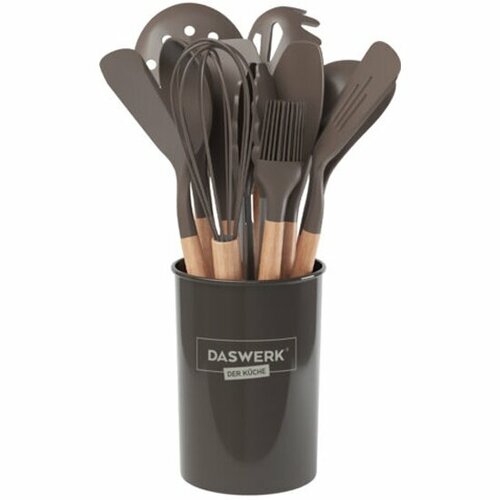 Набор силиконовых кухонных принадлежностей Daswerk с деревянными ручками 12 в 1, серо-коричневый, , 608195