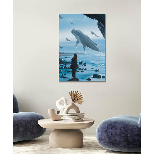 Картина - кит, киты в небе, кит летает, женщина у берега, арт (59) 30х40
