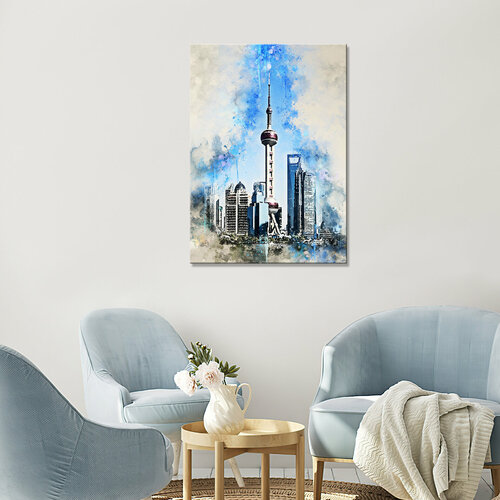 Интерьерная картина на холсте - Башня Шанхай акварель 50х70
