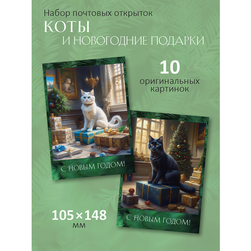 Набор новогодних почтовых открыток "Коты и новогодние подарки"