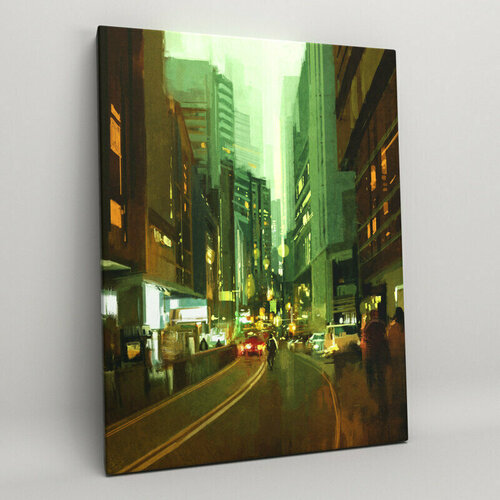 Картина на холсте (интерьерный постер) "Арт - Улицы в современном городском городе - вечером 2", с деревянным подрамником, размер 22x30 см