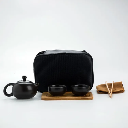 Набор для чайной церемонии в сумке плешоп чайный сервиз 7 предметов на 2 персоны, пиала 45 мл, чайник 180 мл, керамика, черный