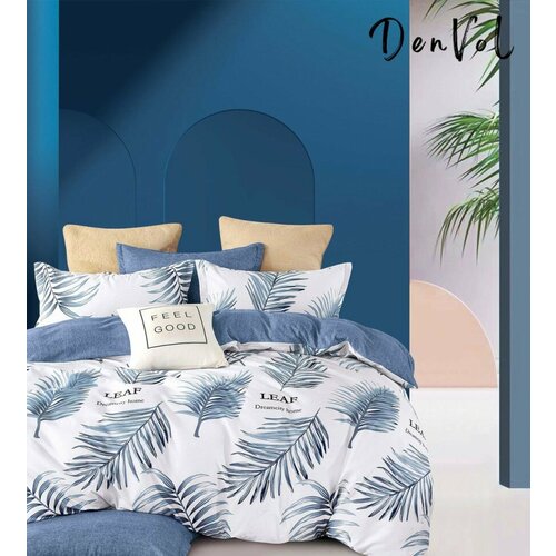 Комплект постельного белья на резинке по кругу, DENVOL, 1.5 спальный, Хлопок, Синие листья