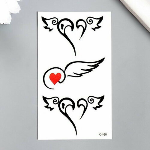 Татуировка на тело чёрная "Сердца с крыльями" 10.5х6 см