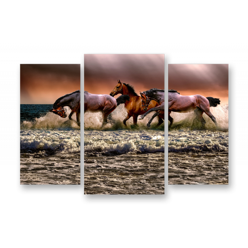 Модульная картина на стекле | Diva Kartina | Природа. Животные. Купание коней | 100X70 см