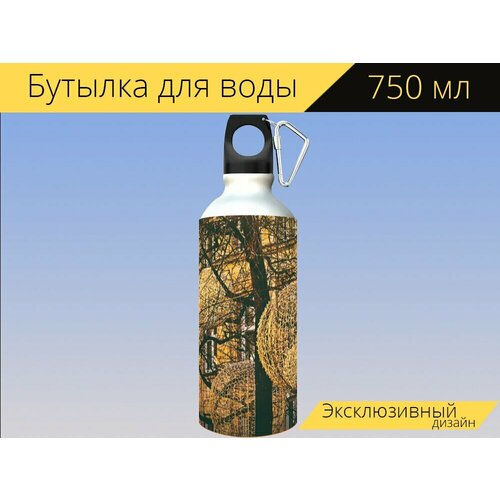 Бутылка фляга для воды "Шары света, деревья, огни" 750 мл. с карабином и принтом
