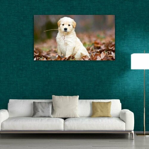 Картина на холсте 60x110 LinxOne "Собака осень милый опавшие" интерьерная для дома / на стену / на кухню / с подрамником