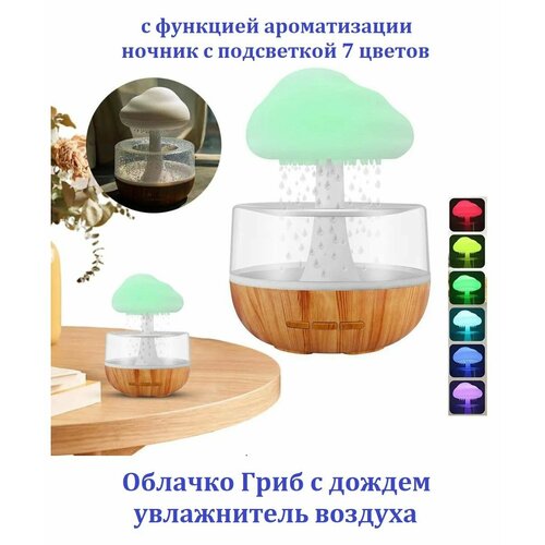 Увлажнитель воздуха Гриб с эффектом дождя / Аромадиффузор ночник Облачко с подсветкой 7 цветов