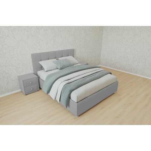 Двуспальная кровать Афина с матрасом 180x200 с подъемным механизмом и с коробом для белья велюр серый без ножек