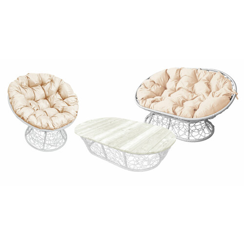 Комплект M-group мамасан, папасан и стол с ротангом белое бежевая подушка