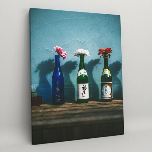 Картина на холсте (интерьерный постер) "Натюрморт - цветы в бутылках", с деревянным подрамником, размер 30x40 см