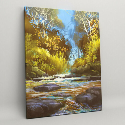 Картина на холсте (интерьерный постер) "Горная речка и валуны", с деревянным подрамником, размер 45x60 см