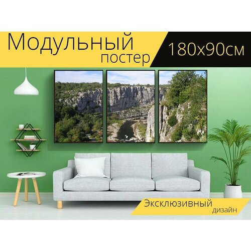 Модульный постер "Ардеш, каньон, скалолазание" 180 x 90 см. для интерьера