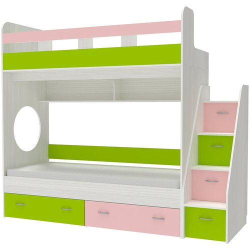 Двухъярусная кровать Юниор 1 90x200 Белое Дерево Розовый/Лайм