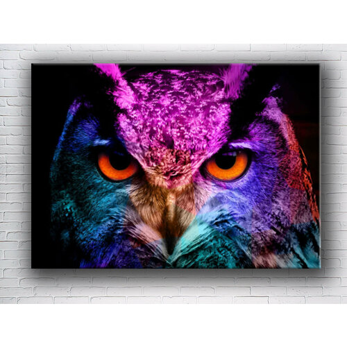 Картина на холсте для интерьера на стену - "Сова, фиолетовые перья 60х80"