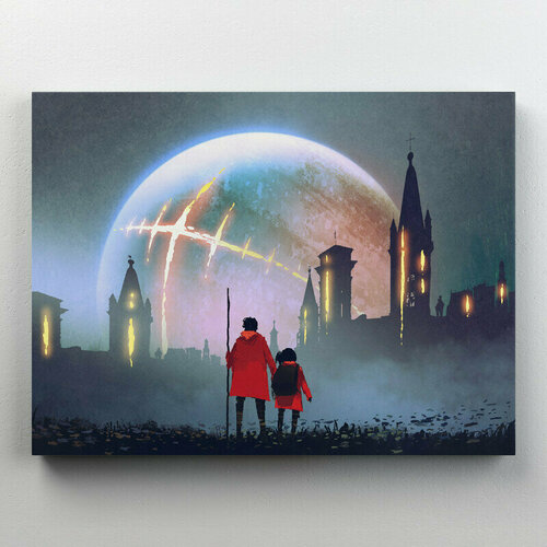 Интерьерная картина на холсте "Отец с дочкой наблюдают за фантастической планетой на горизонте" размер 30x22 см
