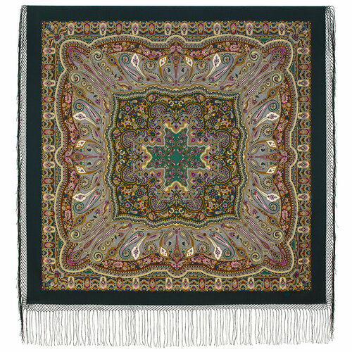 Платок Павловопосадская платочная мануфактура,148х148 см, зеленый, оранжевый