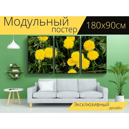 Модульный постер "Одуванчик, желтый, цветок" 180 x 90 см. для интерьера
