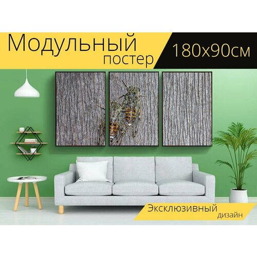 Модульный постер "Цикада, дерево, летом" 180 x 90 см. для интерьера