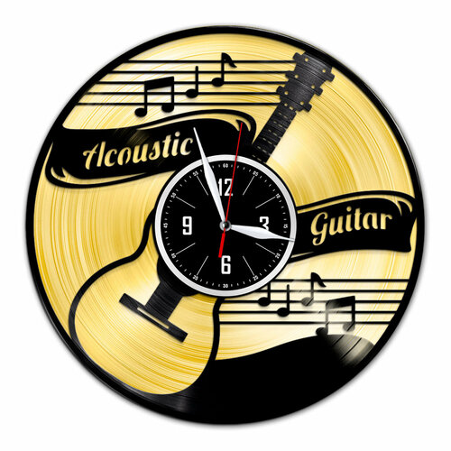 Акустическая гитара - настенные часы из виниловой пластинки (с золотой подложкой)