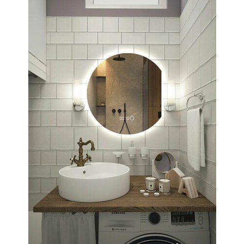 Зеркало для ванной с часами Eclipse 90*80 круглое с правым срезом с нейтральной LED-подсветкой