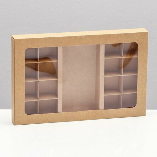 Коробка по 8 + 8 конфет + шоколад, с окном, крафт 30 x 19.5 x 3 см