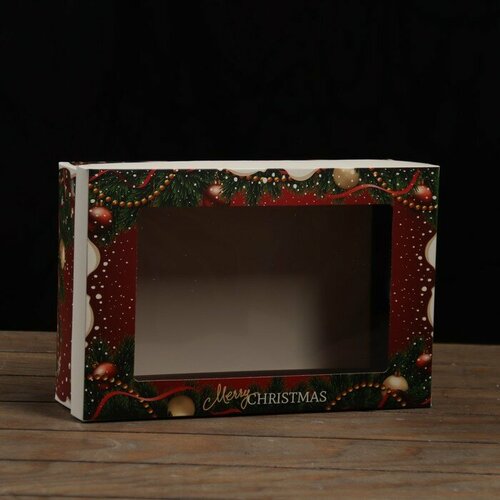Коробка складная, крышка-дно , с окном "Счастливого Рождества" 30 х 20 х 9 см(5 шт.)