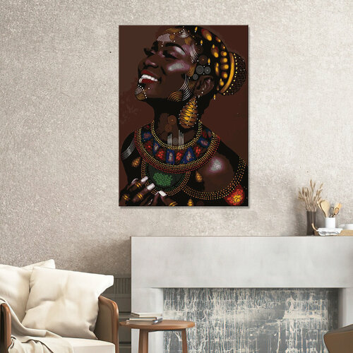 Картина на холсте для интерьера - "Африканка в украшениях улыбается 60х80"