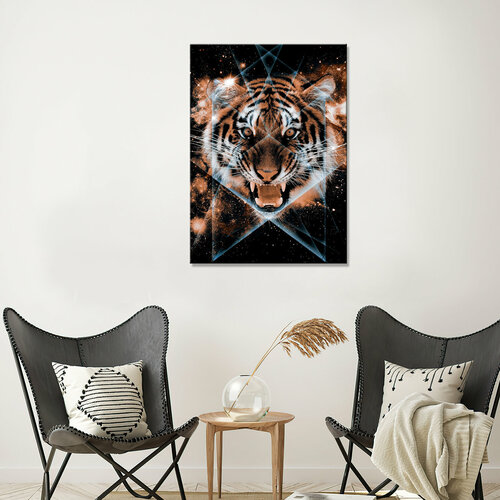 Интерьерная картина на холсте - Тигр рычит треугольники неон геометрия 50х70
