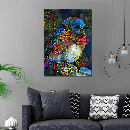 Картина интерьерная - Птичка яркая синяя мозаика 20х30