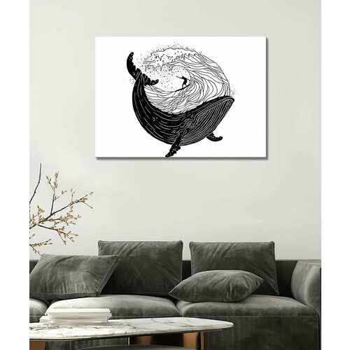 Картина - кит, арт, минимализм, чёрный кит, кит и сёрфер (6) 60х80