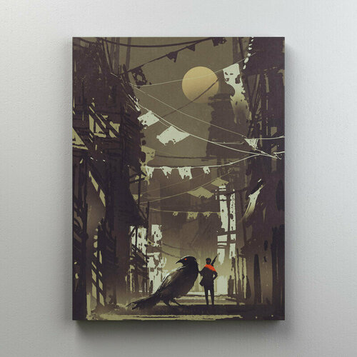 Интерьерная картина на холсте "Путешественник со своей вороной в заброшенном городе" размер 45x60 см
