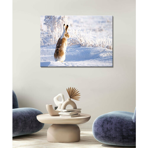 Картина - Заяц, зайцы, зайчонок, зайка, ушастый заяц, пушистый заяц, белый заяц, заяц зимой (8) 60х80