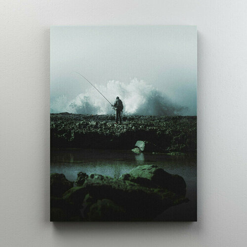 Интерьерная картина на холсте "Рыбак перед всплеском волны" размер 22x30 см