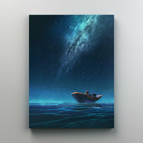 Интерьерная картина на холсте "Рыбак на лодке под звездном небе" размер 22x30 см