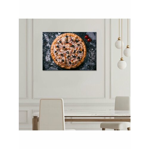 Картина на холсте с подрамником Пицца с маслинами тёмный фон 60х80
