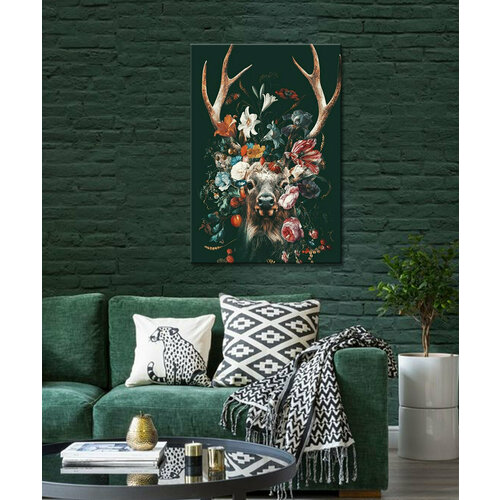 Картина на холсте для интерьера на стену - олень в цветах, рогатый 60х80