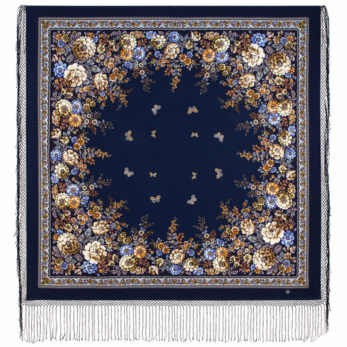 Платок Павловопосадская платочная мануфактура,148х148 см, бежевый, синий