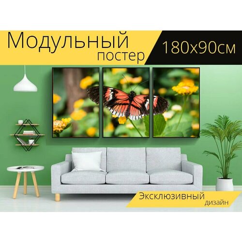 Модульный постер "Бабочка, цветы, сад" 180 x 90 см. для интерьера