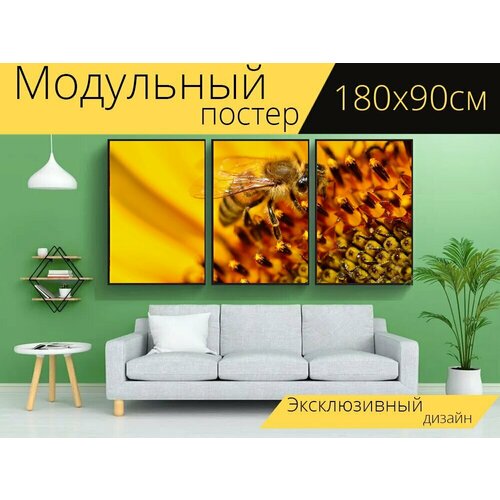 Модульный постер "Подсолнух, пчела, насекомое" 180 x 90 см. для интерьера