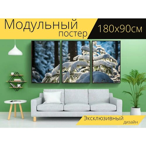 Модульный постер "Снегопад, ель, деревья" 180 x 90 см. для интерьера
