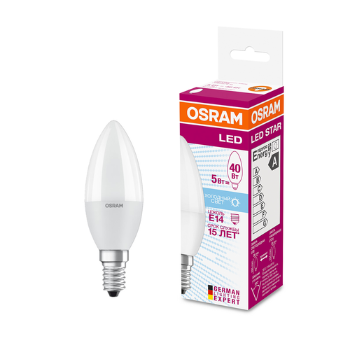 Лампа светодиодная Osram E14 5Вт холодный свет свеча