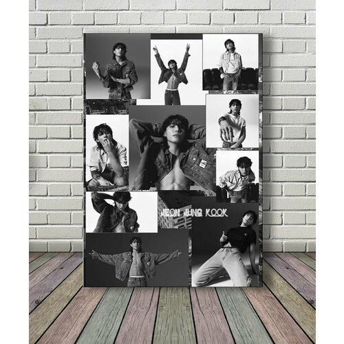 Картина на холсте для интерьера - БТС, BTS, k-pop группа, Чон Чонгук, коллаж 40х60 см