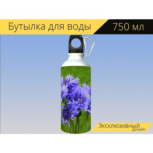 Бутылка фляга для воды "Васильки, букет, луг" 750 мл. с карабином и принтом