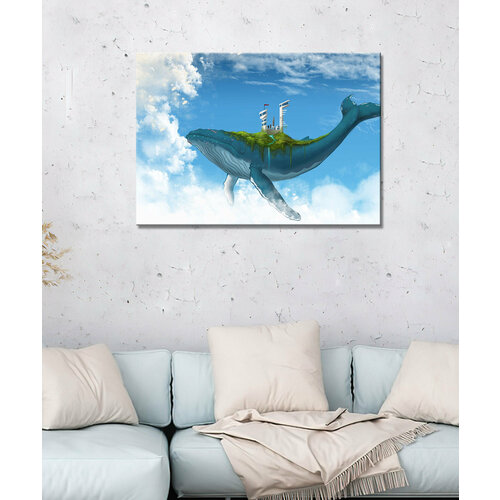 Картина - кит, арт, синий кит, кит в небе, кит в облаках, держит здание (5) 40х60